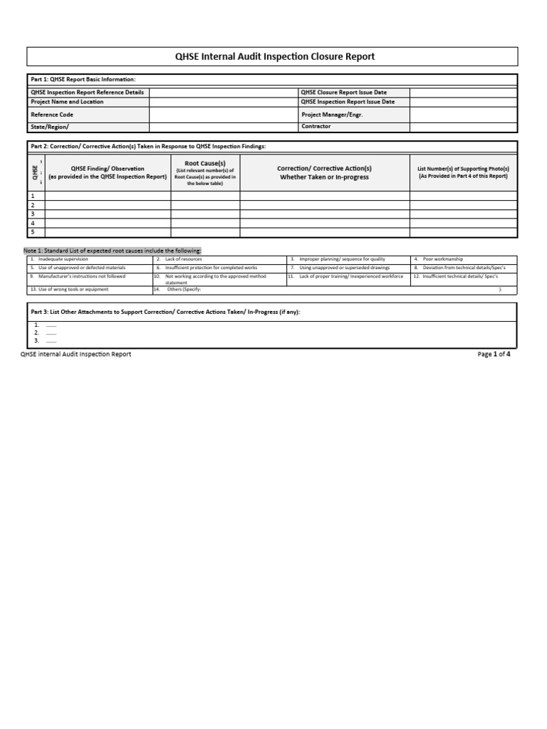 QHSE Internal Audit Inspection Closure Report | PDF | Audit