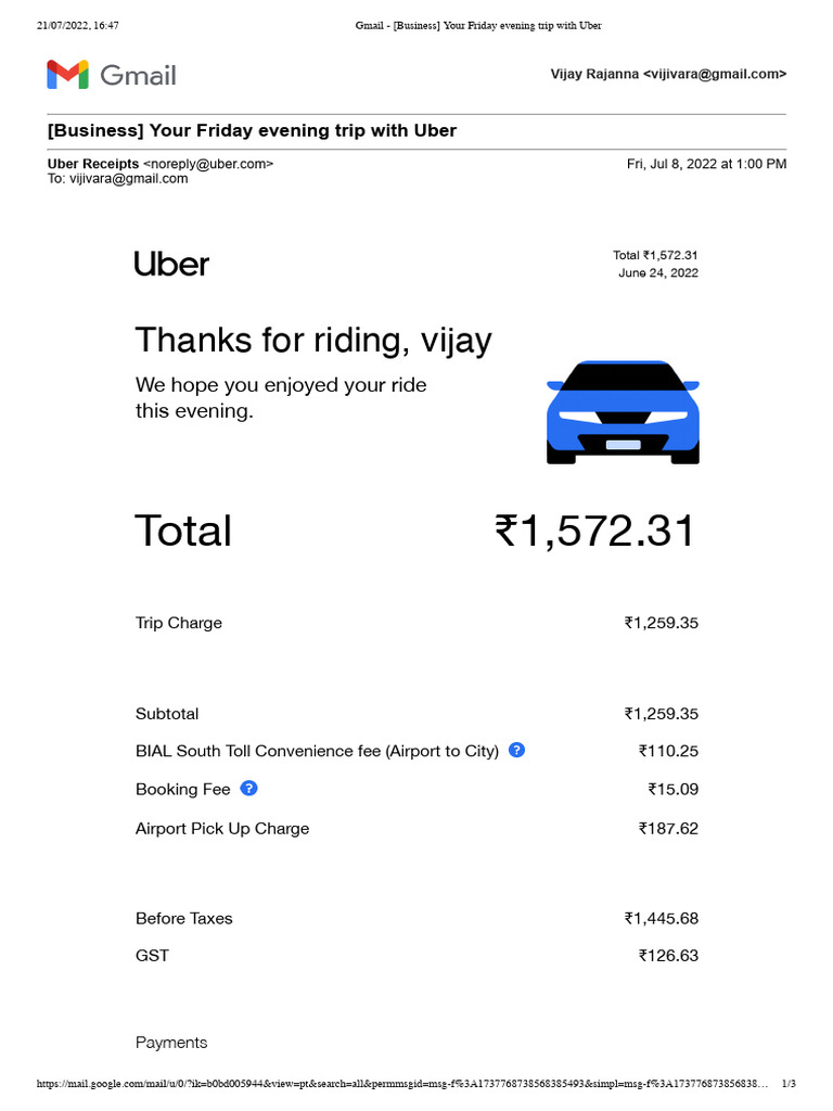 Uber Trip Receipt for July 2022 | PDF | Payments | Taxes