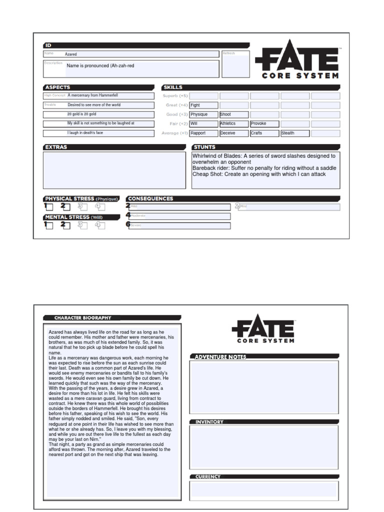 FATE Core Char Sheet - Azared | PDF