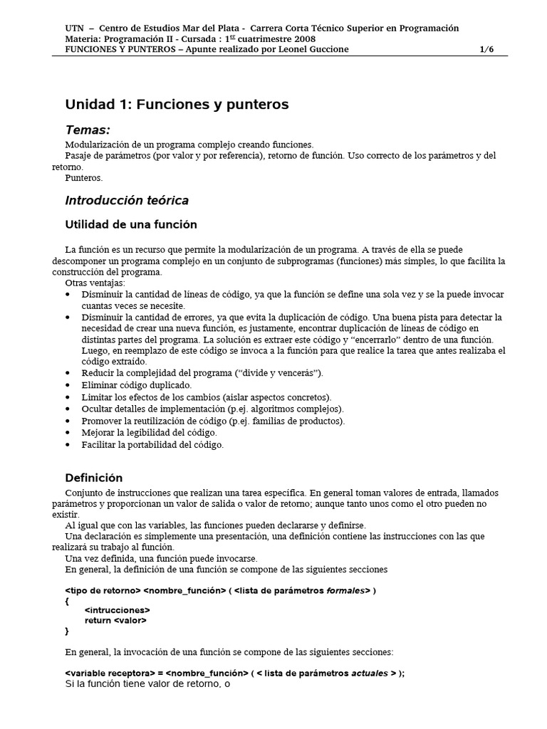 Unidad 1 Funciones | PDF | Puntero (Programación de computadora) | Variable (informática)