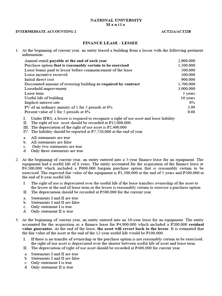 Finance Lease - Lessee Problems 1 | PDF | Lease | Present Value