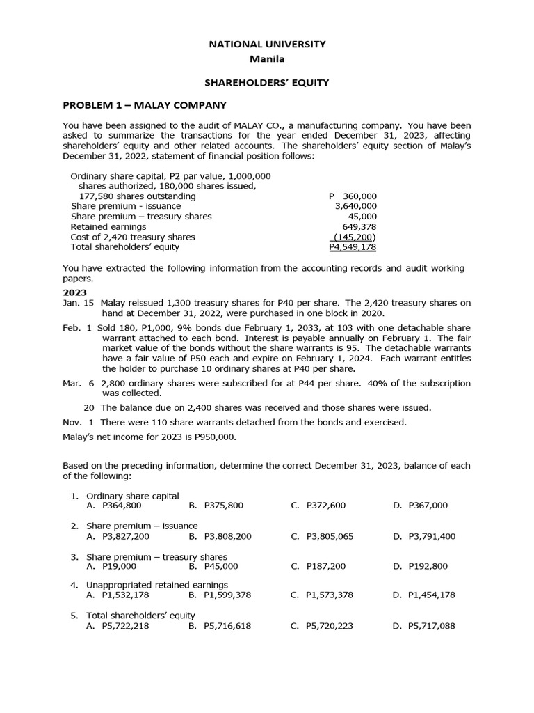 Shareholder's Equity Solutions 1 | PDF | Treasury Stock | Preferred Stock