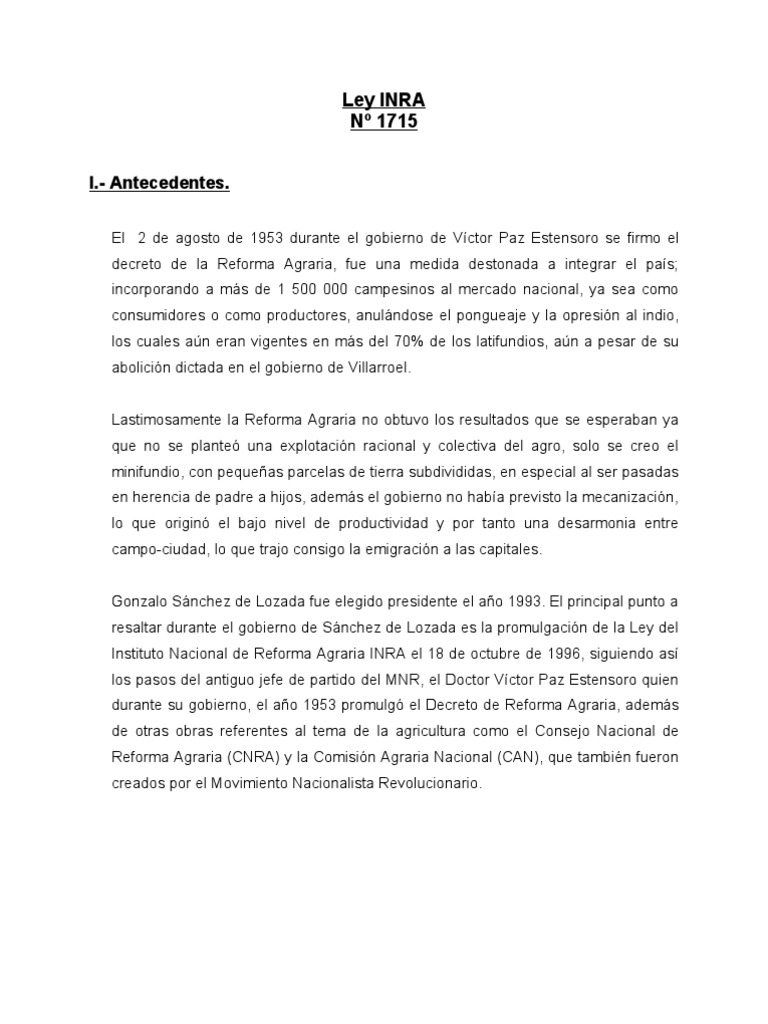Ley Del INRA | PDF | Agricultura | Reforma agraria