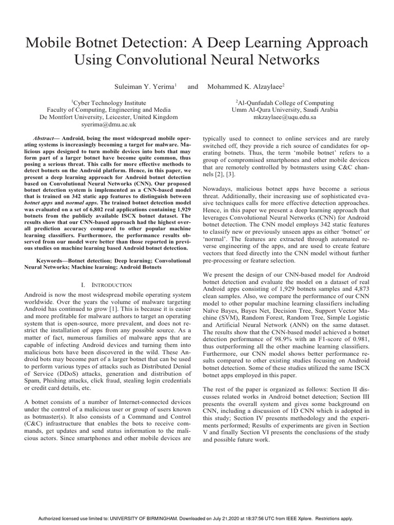 Mobile Botnet Detection A Deep Learning Approach Using Convolutional Neural Networks Pdf 1390