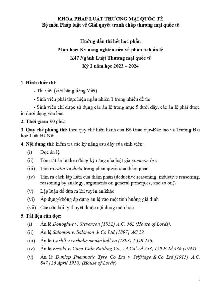 K47 Ngành Luật TMQT Hướng dẫn thi Án lệ | PDF