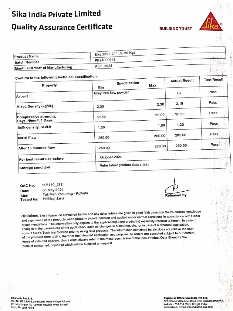 Sikka Grout Test Certificate | PDF