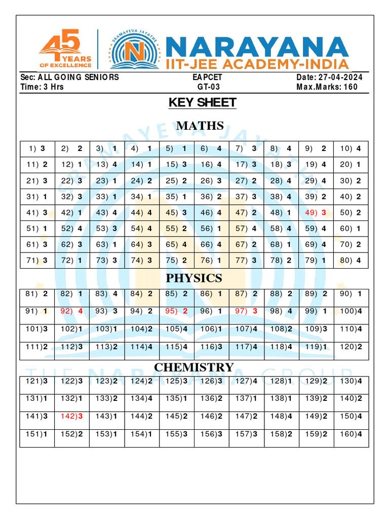 27-04-2024 - OUT GOING SENIORS - EAPCET - GT-03 - Key & Sol's | PDF