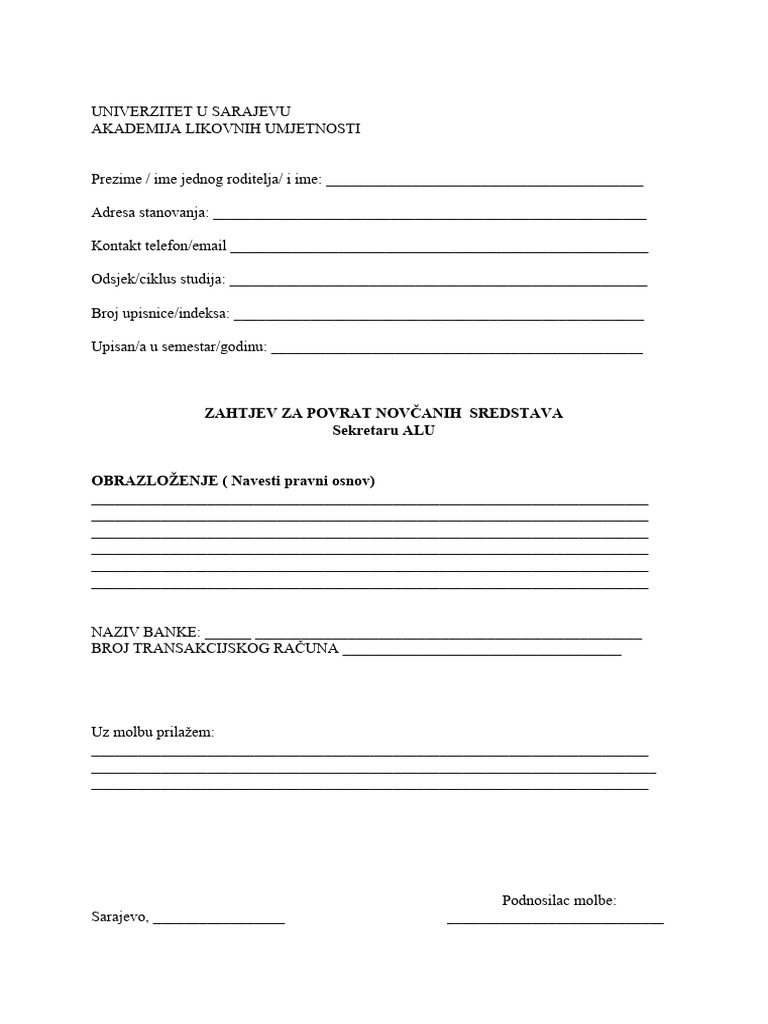 Zahtjev Za Povrat Novca | PDF