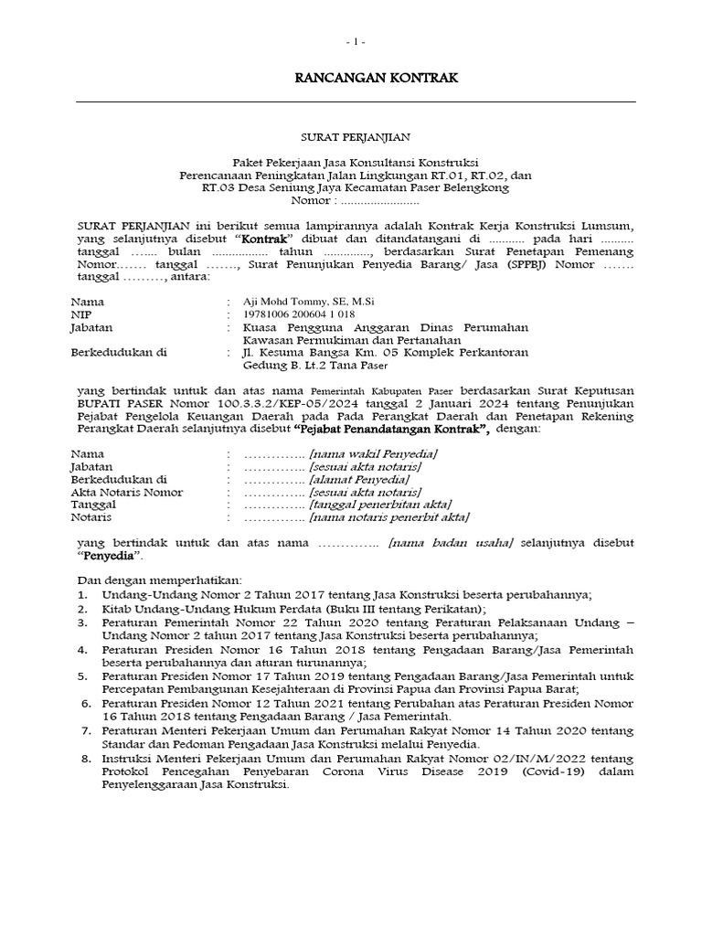 Rancangan Kontrak Perencanaan Peningkatan Jalan Lingkungan RT.01 RT.02 Dan | PDF