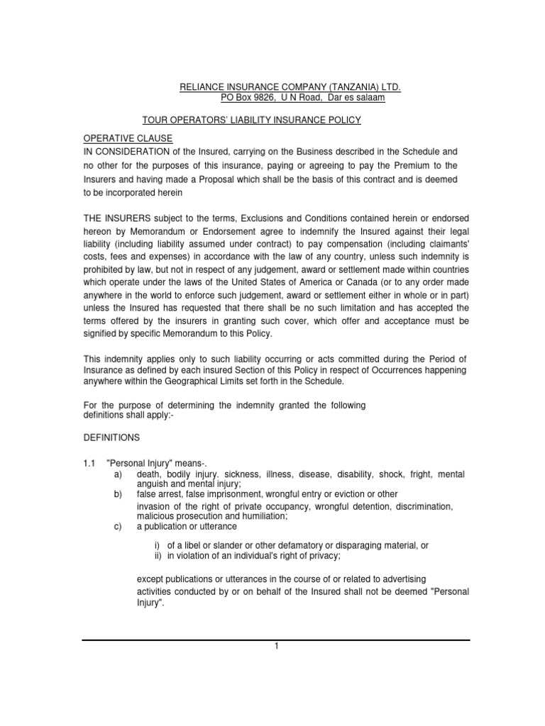 Tour Operators' Liability Insurance Policy | PDF | Indemnity ...