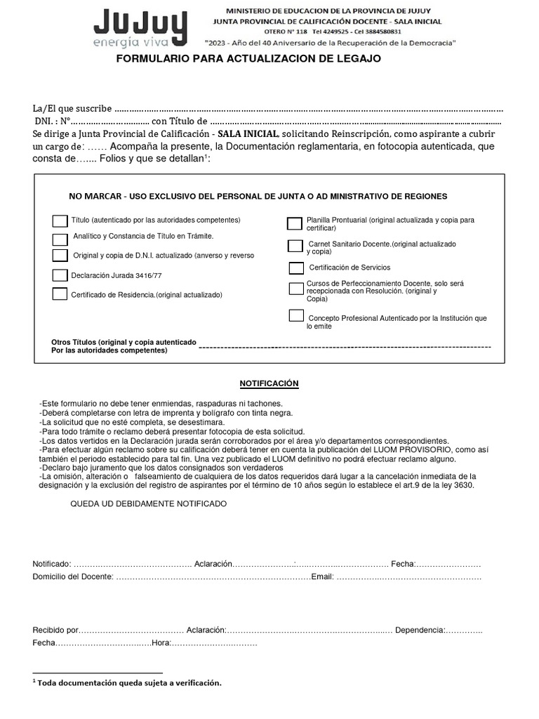 FORMULARIO PARA ACTUALIZACION DE LEGAJO MJ | PDF