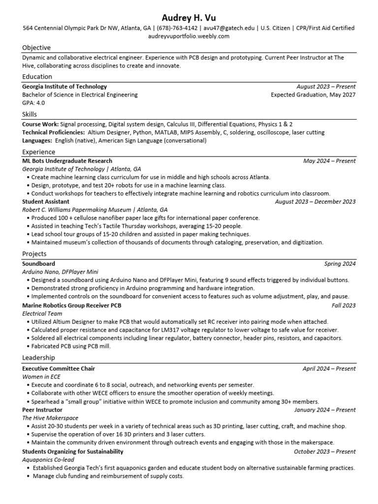 Audrey Vu Resume Summer 24 Ge | PDF | Printed Circuit Board | Capacitor