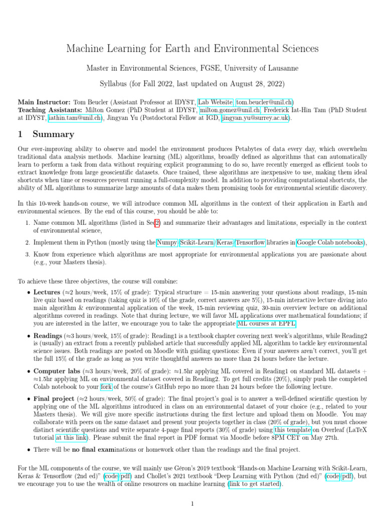 2022 Fall ML Earth Env Science Syllabus | PDF | Machine Learning ...