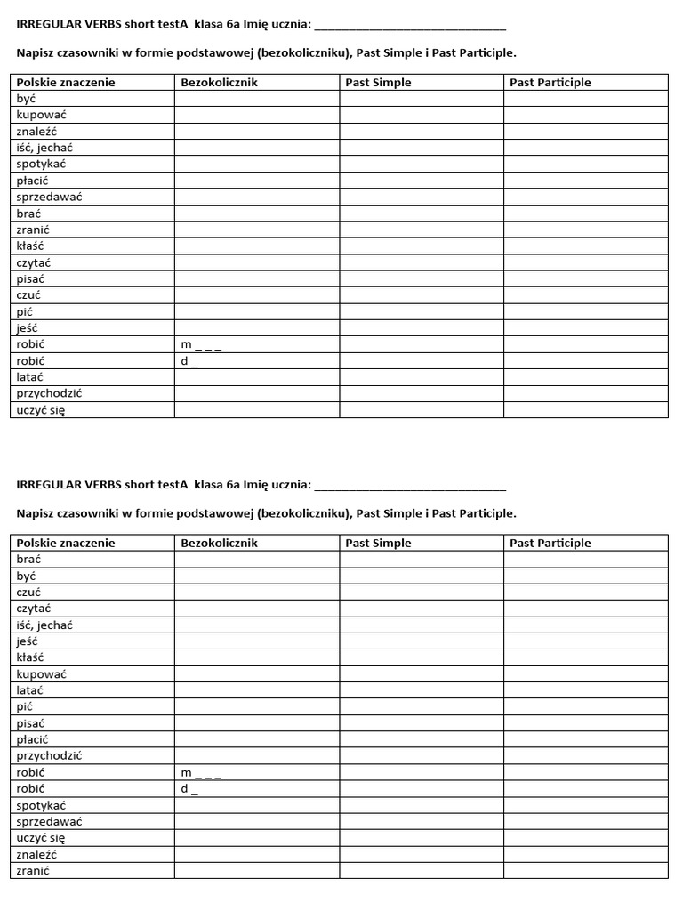 Irregular Verbs Short Testa Klasa 6a Imię Ucznia Pdf