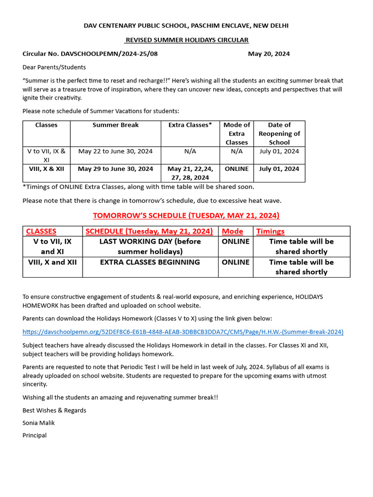 Revised Summer Holidays Circular | PDF