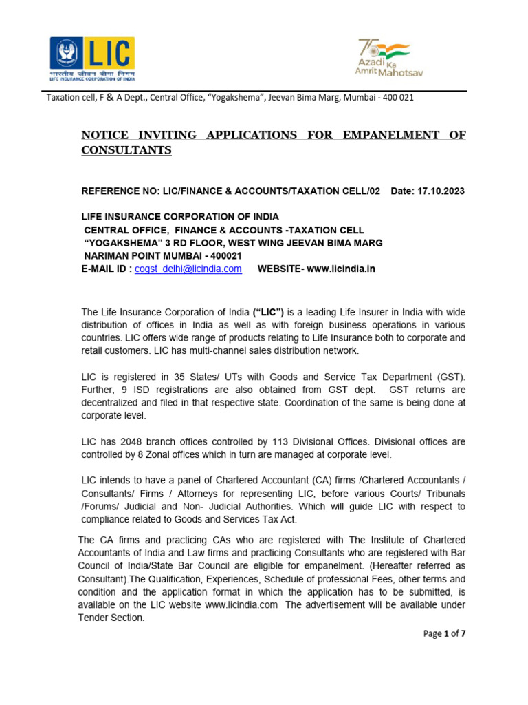 Notice Inviting Applications For Empanelment of Consultants | PDF ...