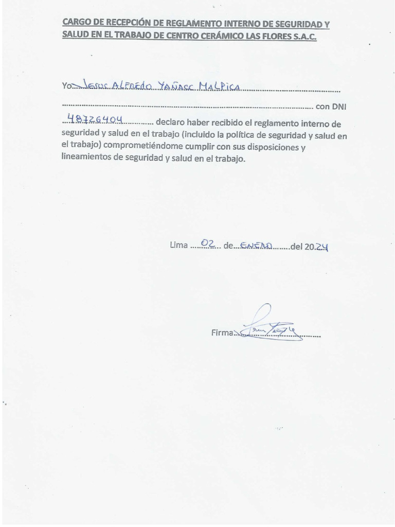 3) Cargo de Resepcion de Manual de Contratista, Politica y RISST. | PDF