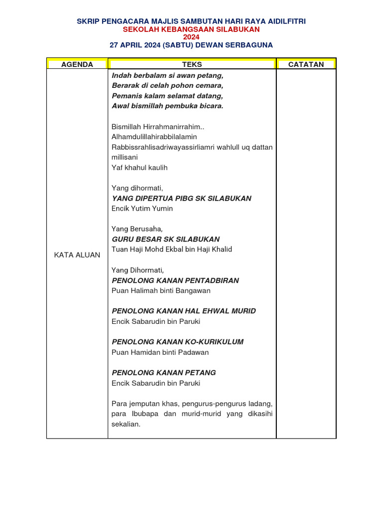 Skrip Pengacara Majlis Sambutan Hari Raya Aidilfitri | PDF