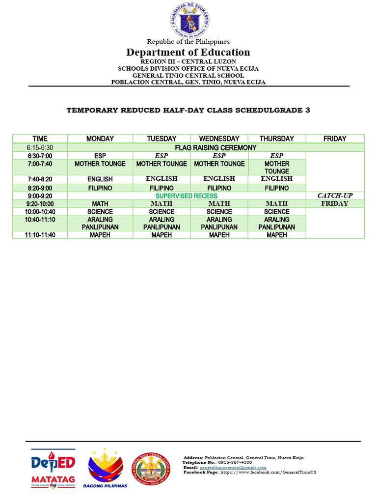 Grade 3 Half-Day Class Schedule | PDF