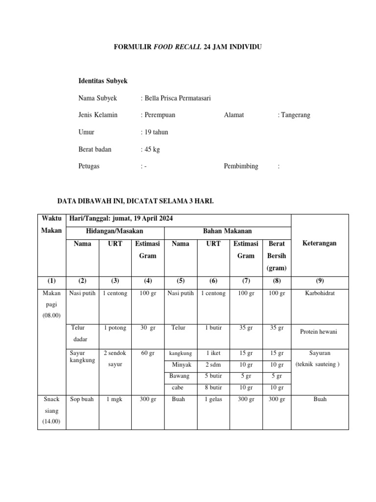 Food Recall 24 Jam - Bella Prisca Permatasari - 20220302159 | PDF
