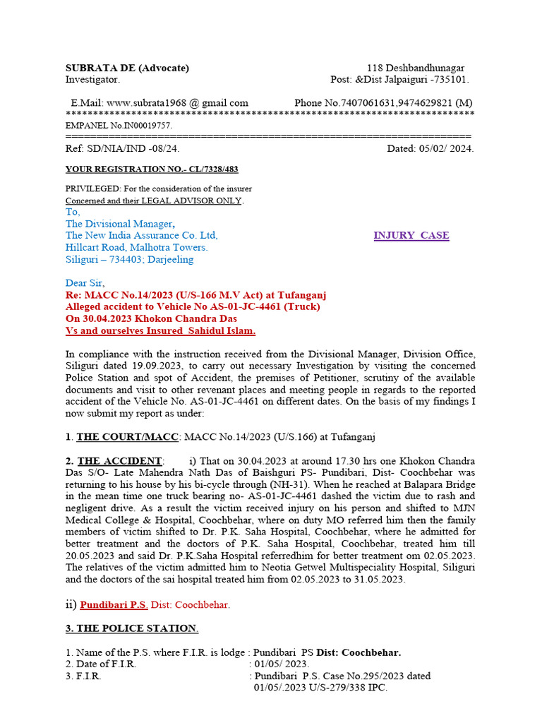 NIA Injury Report Khokon Ch. Das Pundibari PS | PDF