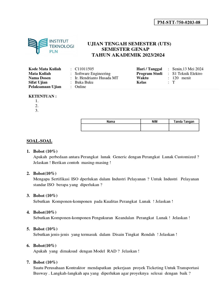SOAL UTS C11011 505 Software Engineering T | PDF