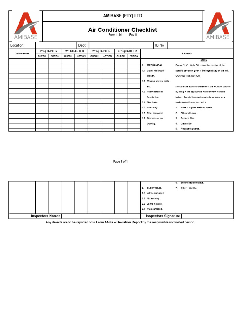 Form 1.1d - Air Conditioner Checklist | PDF | Electrical Engineering ...