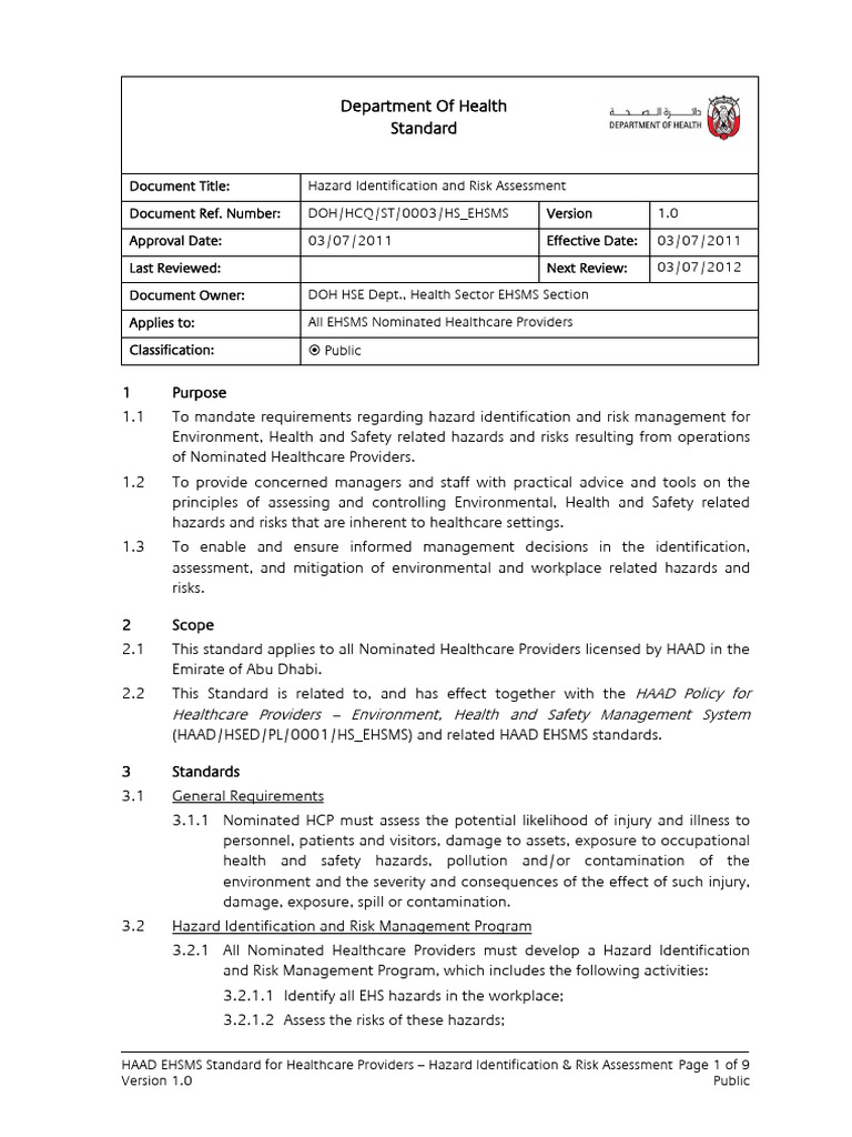 HAAD EHSMS Standard For HCPs 03 - Hazard Identification and Risk ...