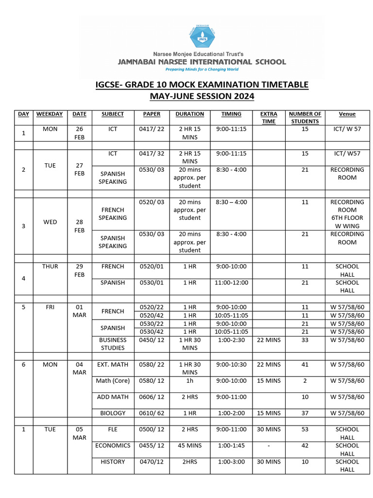 Grade 10 Mock Examination Timetable For May June Session 2024 | PDF ...