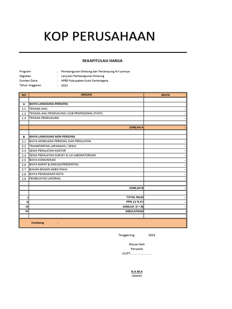 BOQ Lanjutan Pembangunan Embung OK | PDF