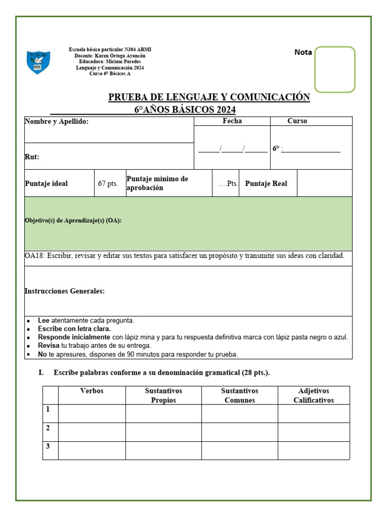 6° Prueba Ortografía y Gramática Marzo 2024 | PDF | Verbo | Adjetivo