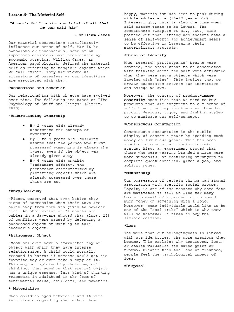 MODULE 6 THE MATERIAL SELF (Week 7) | PDF | Self Concept | Self Esteem