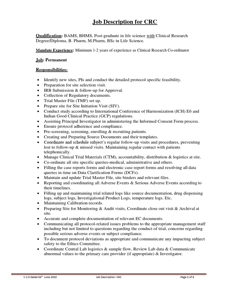 Job Description For CRC | PDF | Clinical Trial | Clinical Research