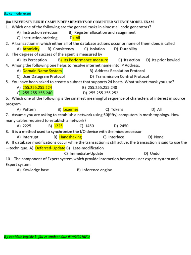Jku 2015 Model Exam For Computer Science | PDF | Computer Network | Internet Protocol Suite