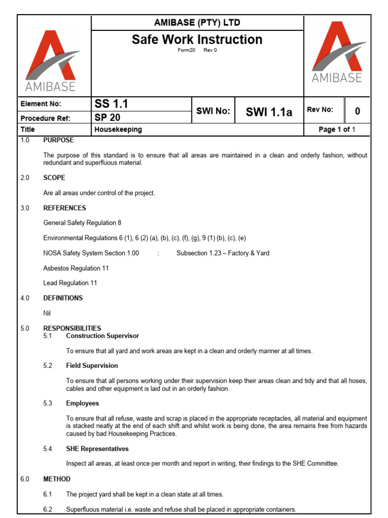SWI 1.1a - Housekeeping | PDF | Housekeeping | Safety
