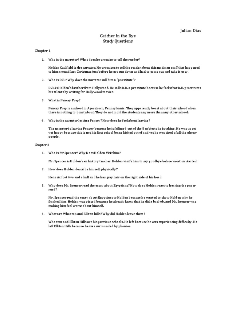 Catcher in the Rye Study Questions | PDF | Leisure