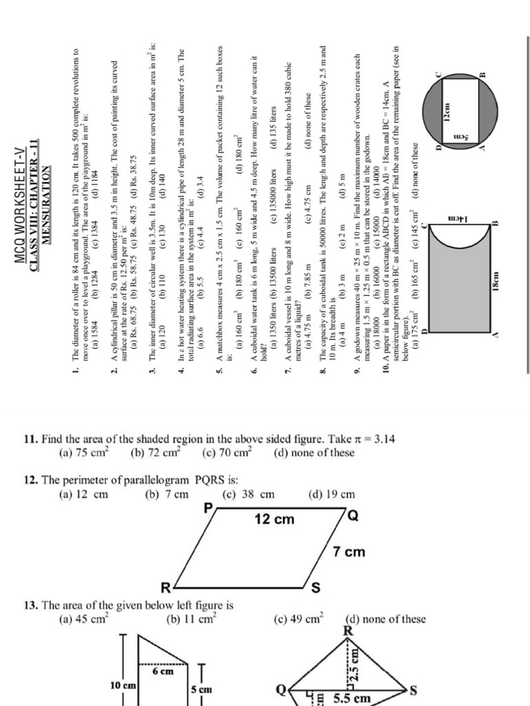Mathematics Assignment Class 8 NCERT Mathematics Chapter 11 Mensuration ...