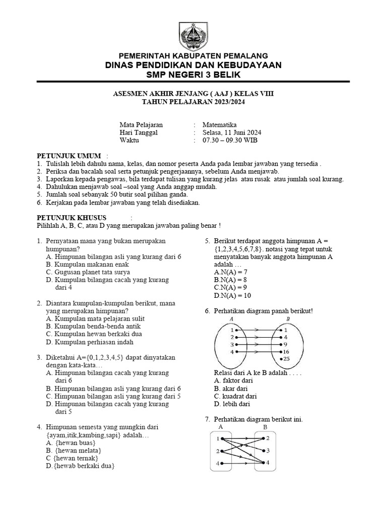 Soal Aaj MTK SMT 2 KLS 8 TP.23-24 | PDF