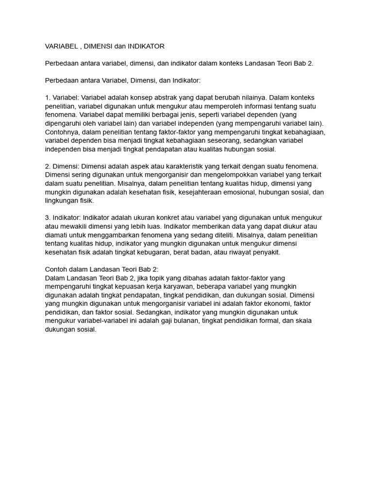 Perbedaan variabel dimensi dan indikator | PDF