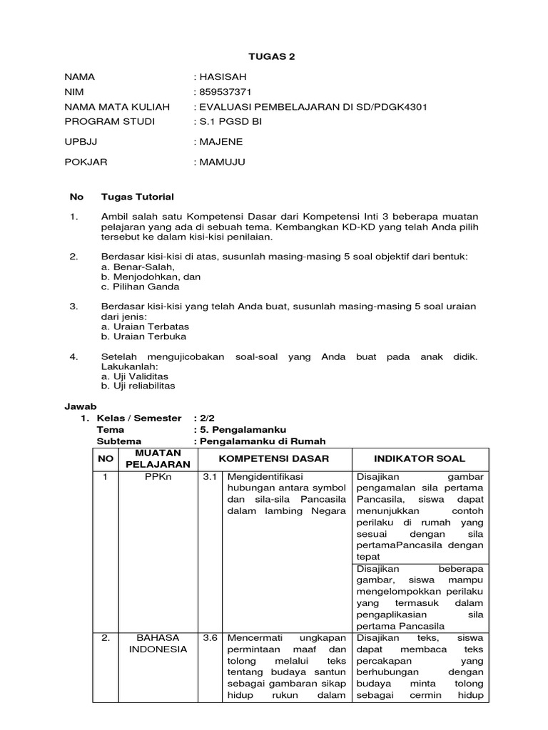 Tugas 2 Evaluasi Pembelajaran Di SD - Hasisah - 859537371 | PDF