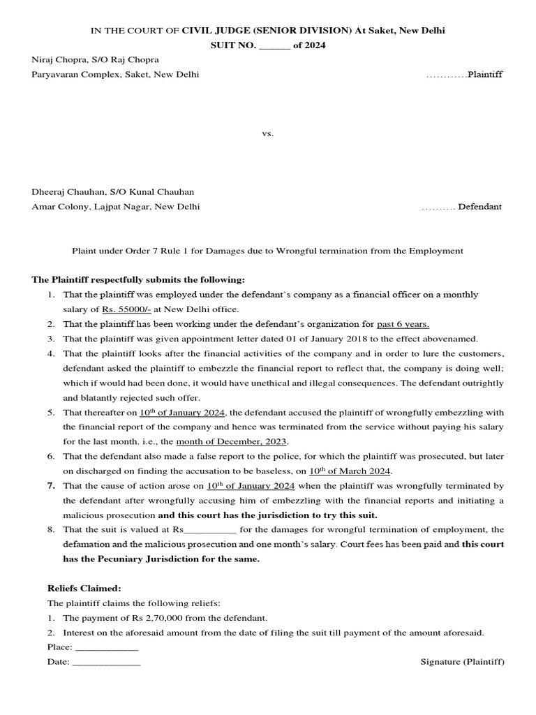 Writing Sample (Plaint) by MV | PDF | Lawsuit | Justice