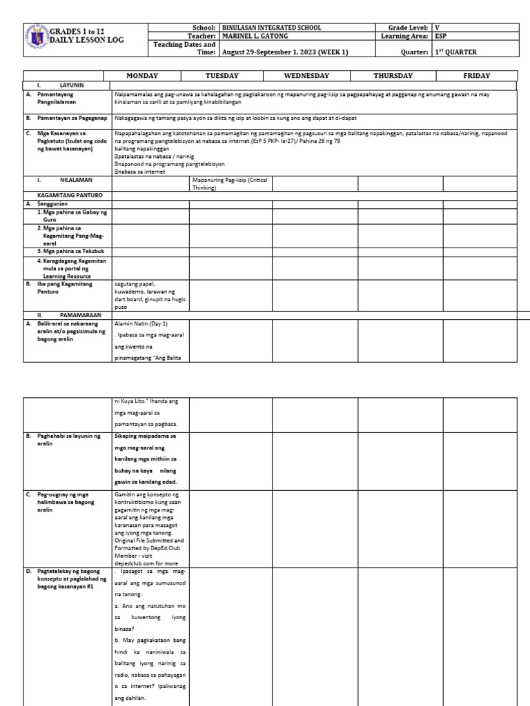 Grade 5 DLL ESP 5 Q1 Week 1 | PDF