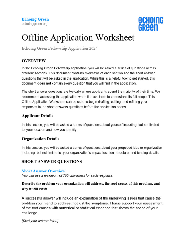 Echoing Green Offline Fellowship Worksheet | PDF | Mental Health ...