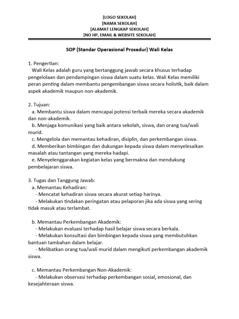 SOP (Standar Operasional Prosedur) Wali Kelas | PDF