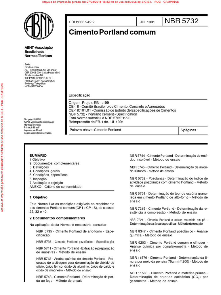 NBR5732 - Cimento Portland comum - Cancelada e substituida pela ABNT ...