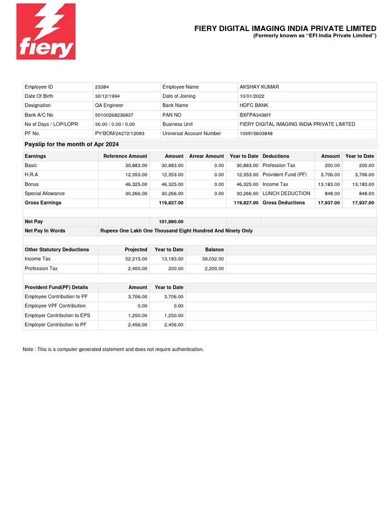 Payslip 4 2024 | PDF | Personal Finance | Economies