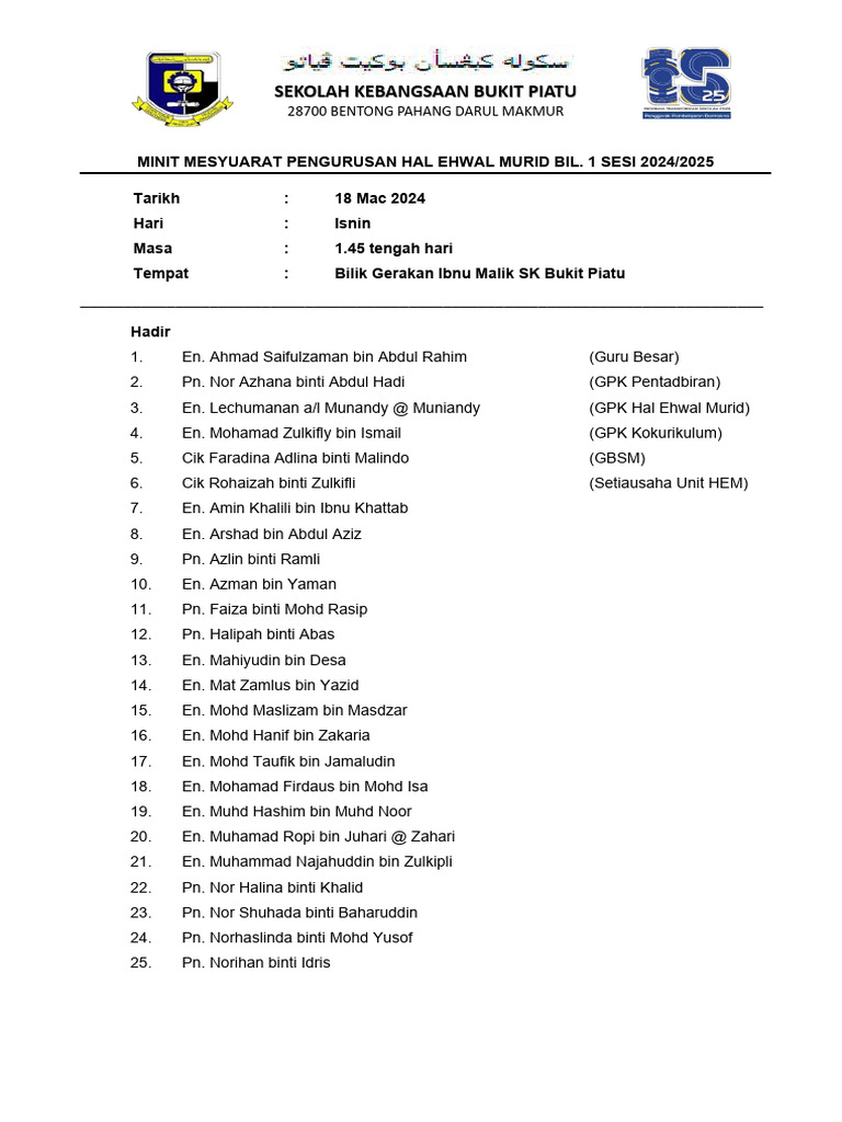 Minit Mesyuarat Hem Kali 1 2024 | PDF