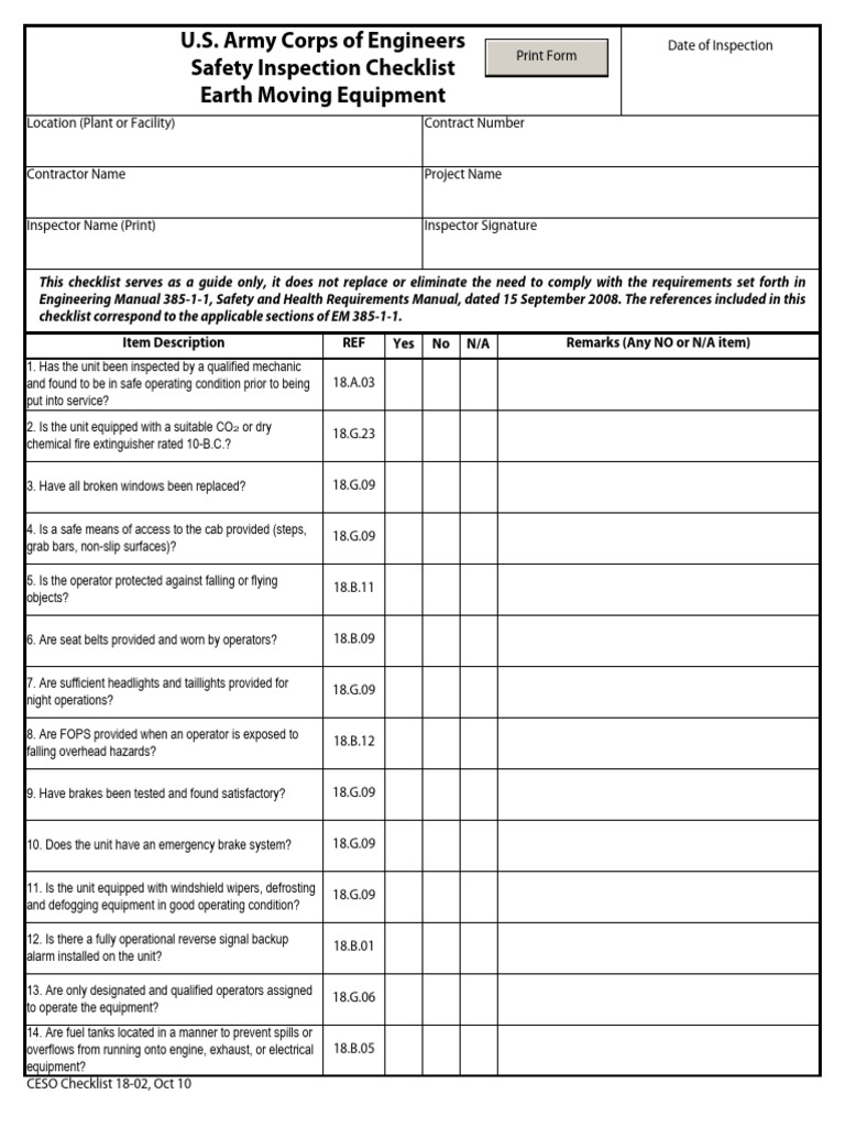 Earth Moving Equipment Safety Checklist | PDF | Vehicles | Motor Vehicle