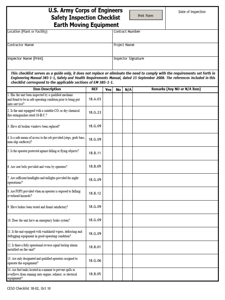 Engineers Safety Inspection Checklist | PDF | Motor Vehicle | Vehicles