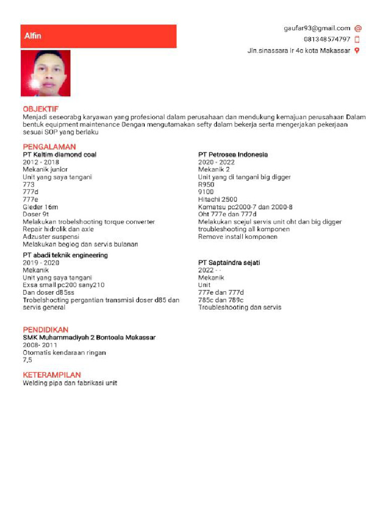 Alfin CV Mekanik | PDF